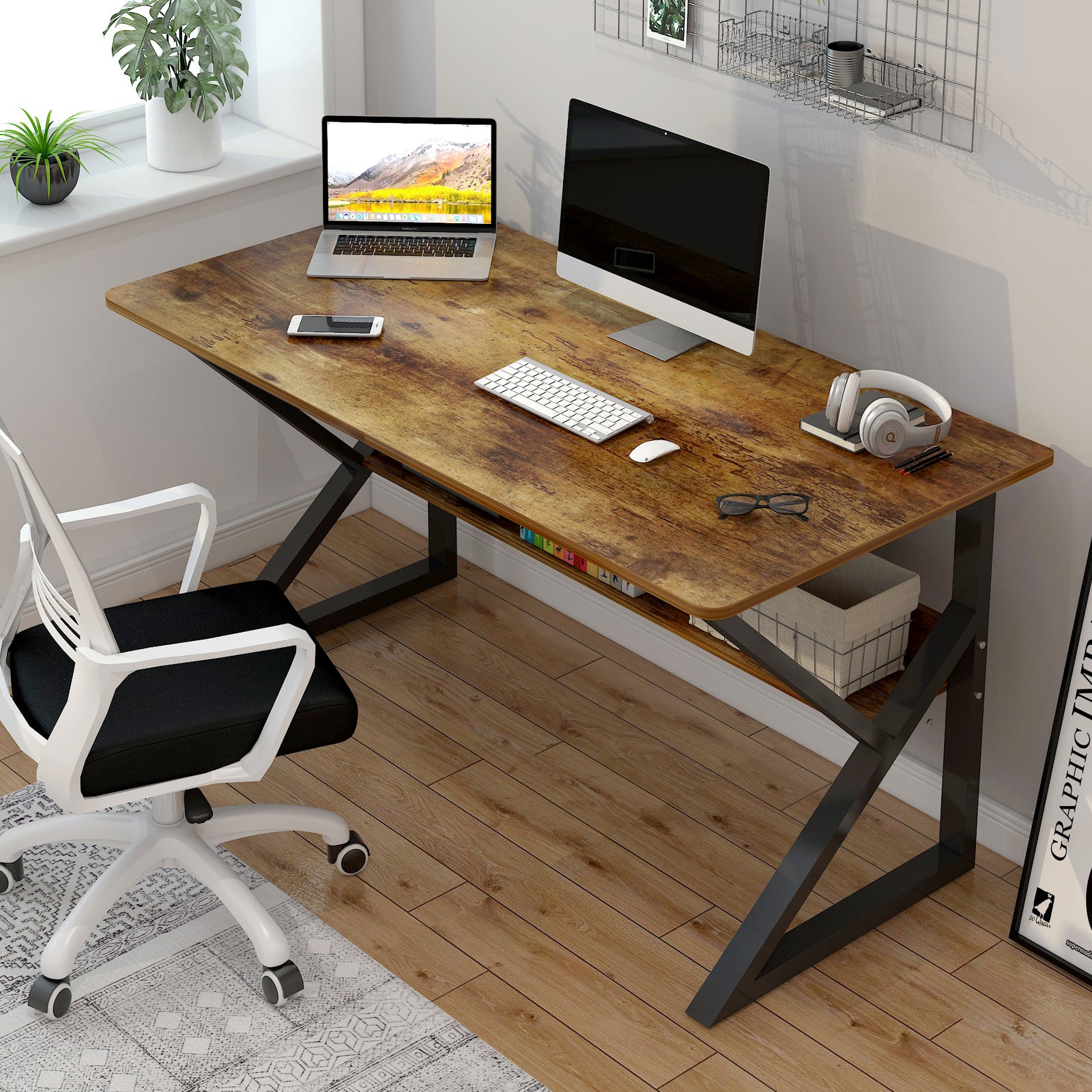 Large Rustic Wood Metal Computer Desk with Shelf – Roxka.com