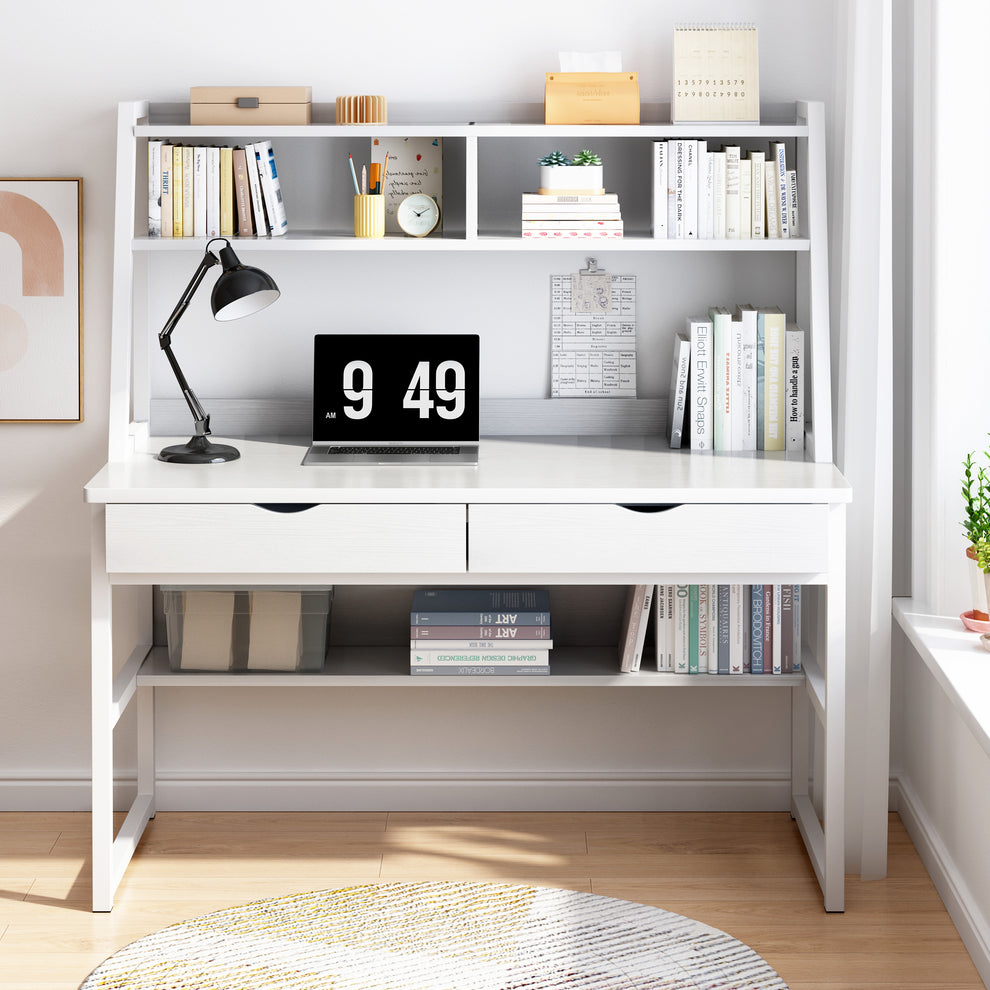 Spacious Office Computer Desk Workstation with Shelves and Drawers Whi