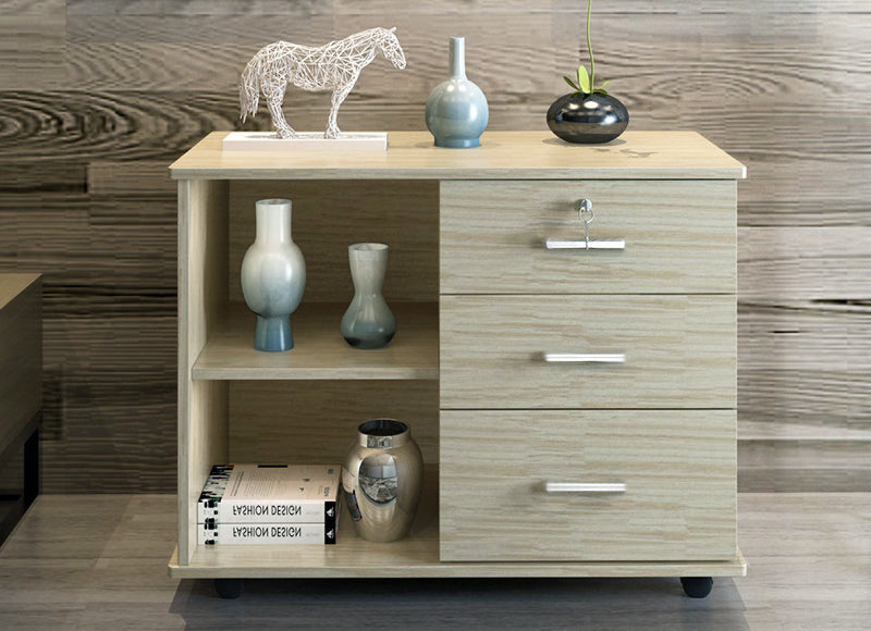 Stylish Utility Side Table with Wheels and Storage Drawers White Oak