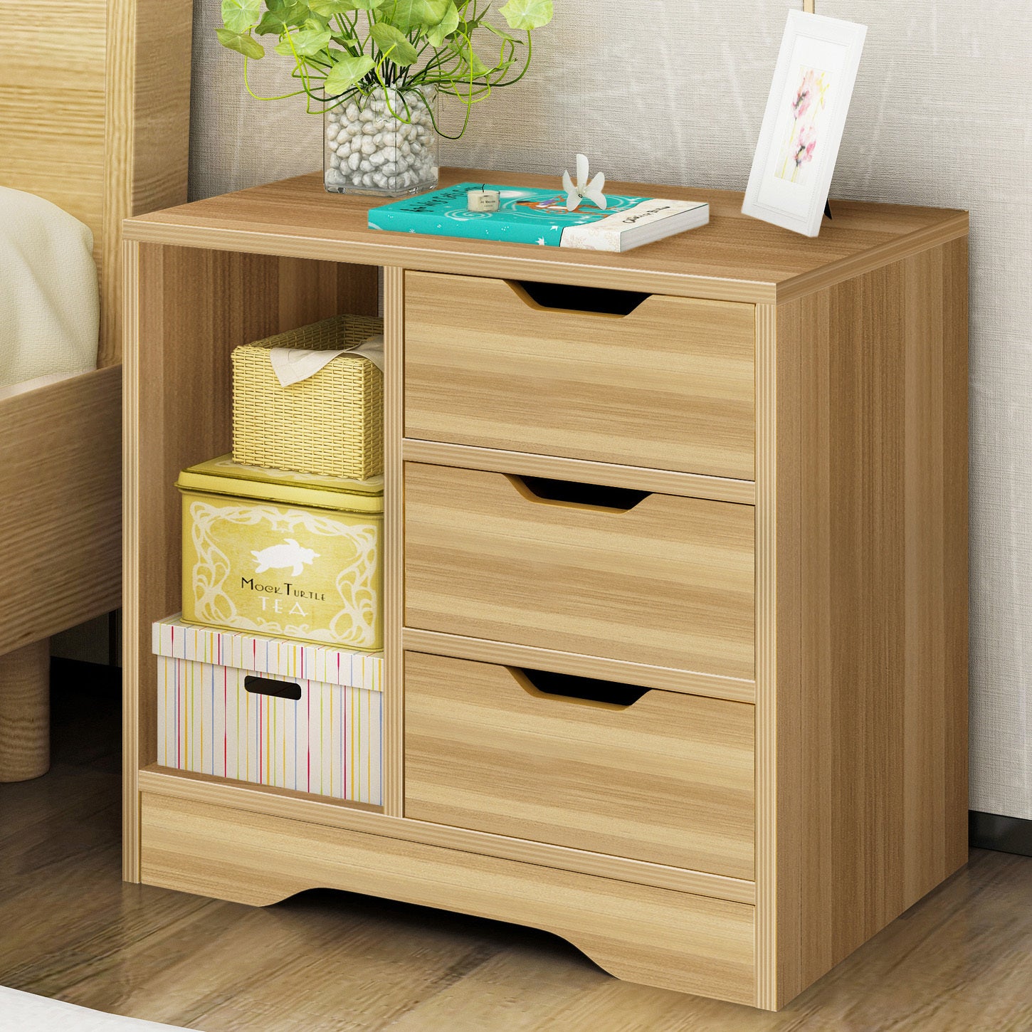 Stylish 3 Drawer Cabinet and Shelf Utility Side Table Oak – Roxka.com