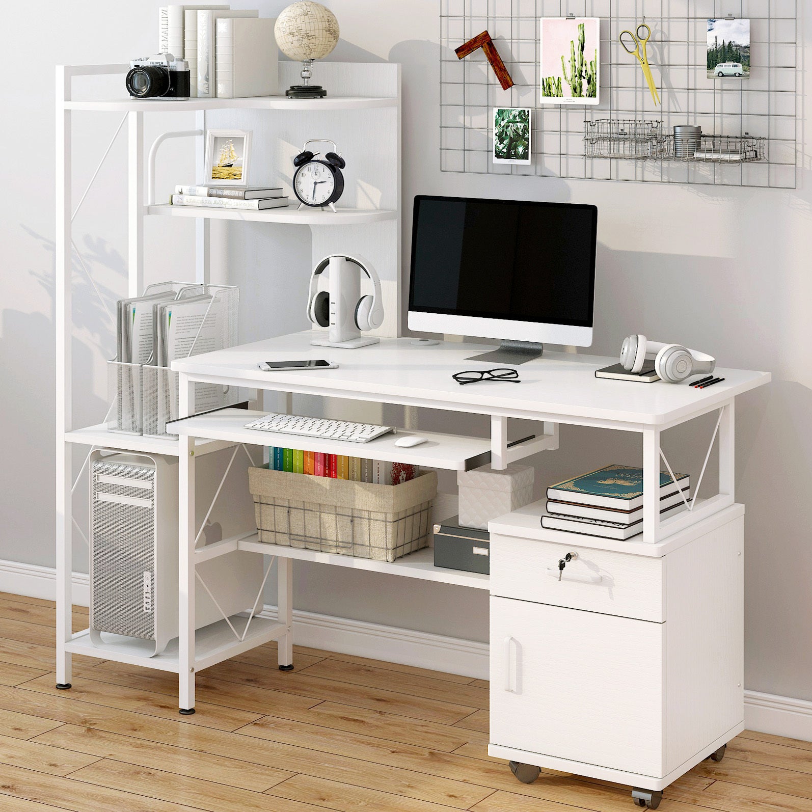 Multi-function Computer Desk Workstation with Shelves and Cabinet Whit