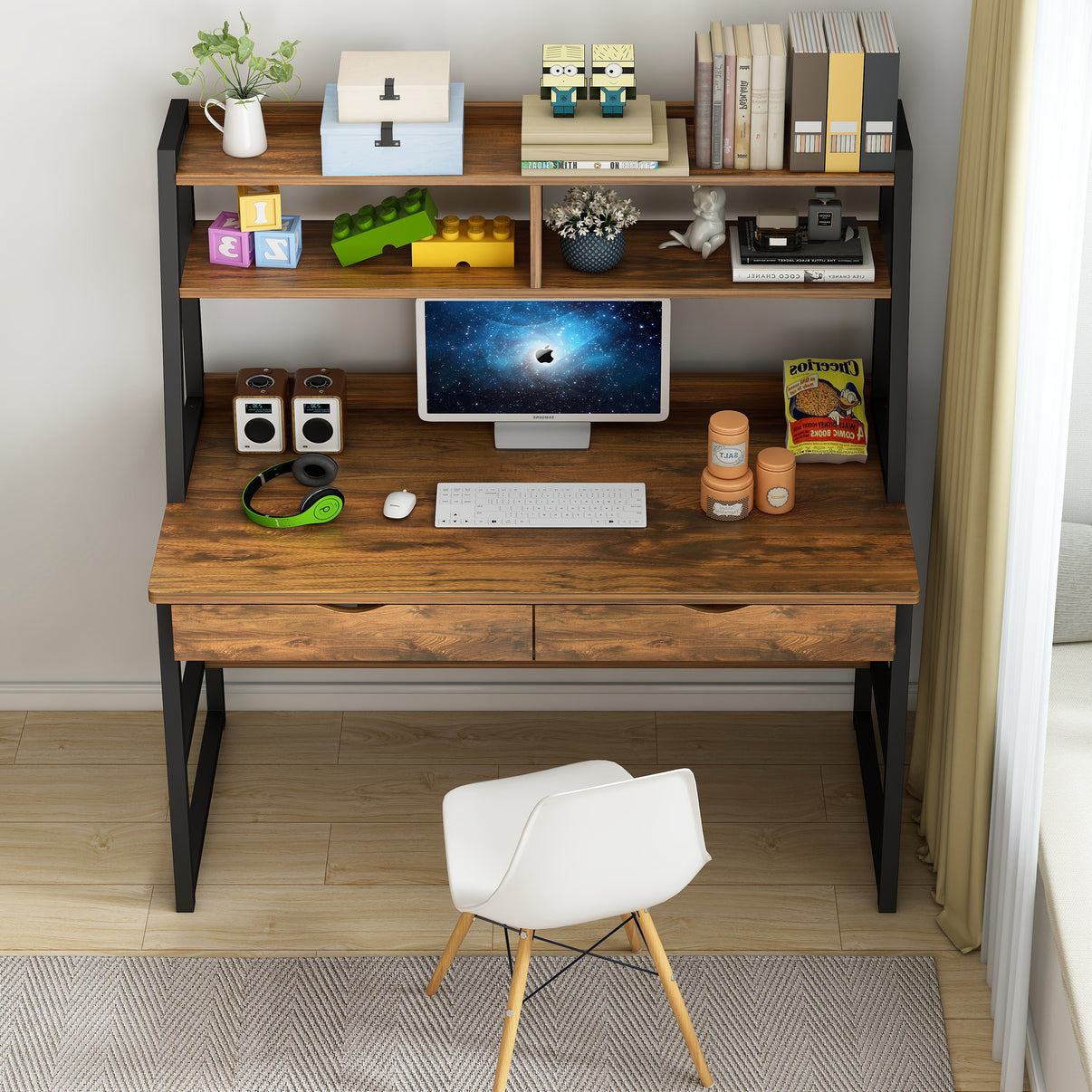 Spacious Office Computer Desk Workstation with Shelves and Drawers Rus